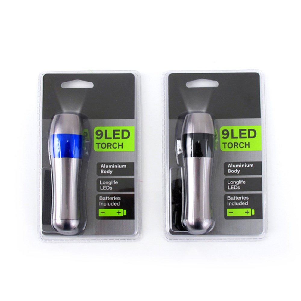 53772 - Torch Aluminium 9 Led Silver w Black or Blue Band Asstd - Dats