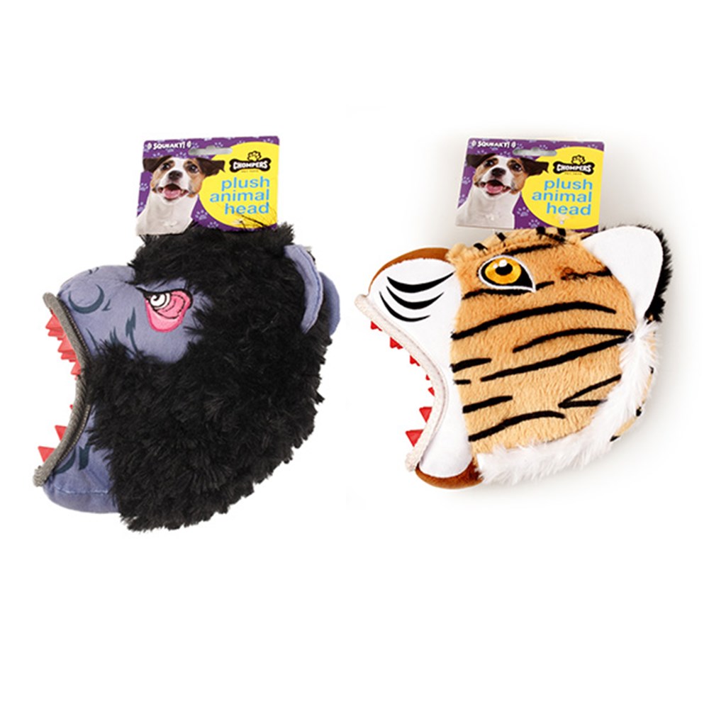 67672 - Dog Toy Animal Head 2 Asstd Ape/Tiger Squeaky 21cm - Dats